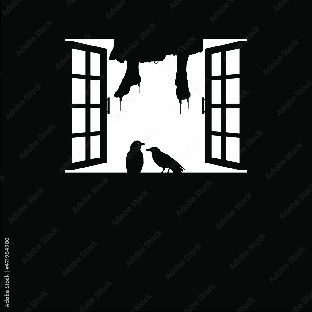 Hanging Bloody Woman Legs and Crow (Raven) on the Windows. Dramatic ...