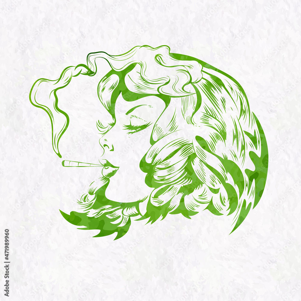 Woman portrait watercolor. Girl cannabis smoker. Lady long hair smoke a ...