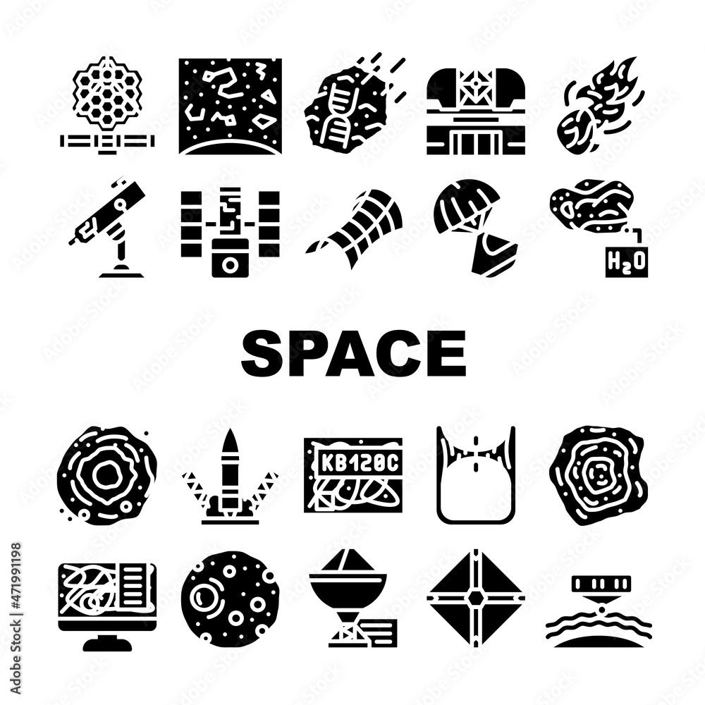 Space Researchment Equipment Icons Set Vector. Hubble Telescope Tool ...
