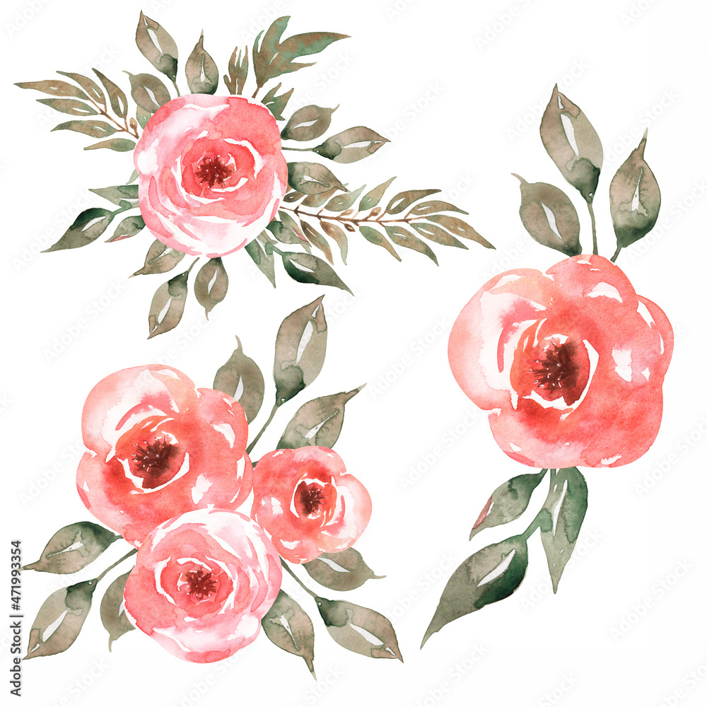 Delicate flowers Clipart set. Watercolor hand drawn Florals Bouquet ...