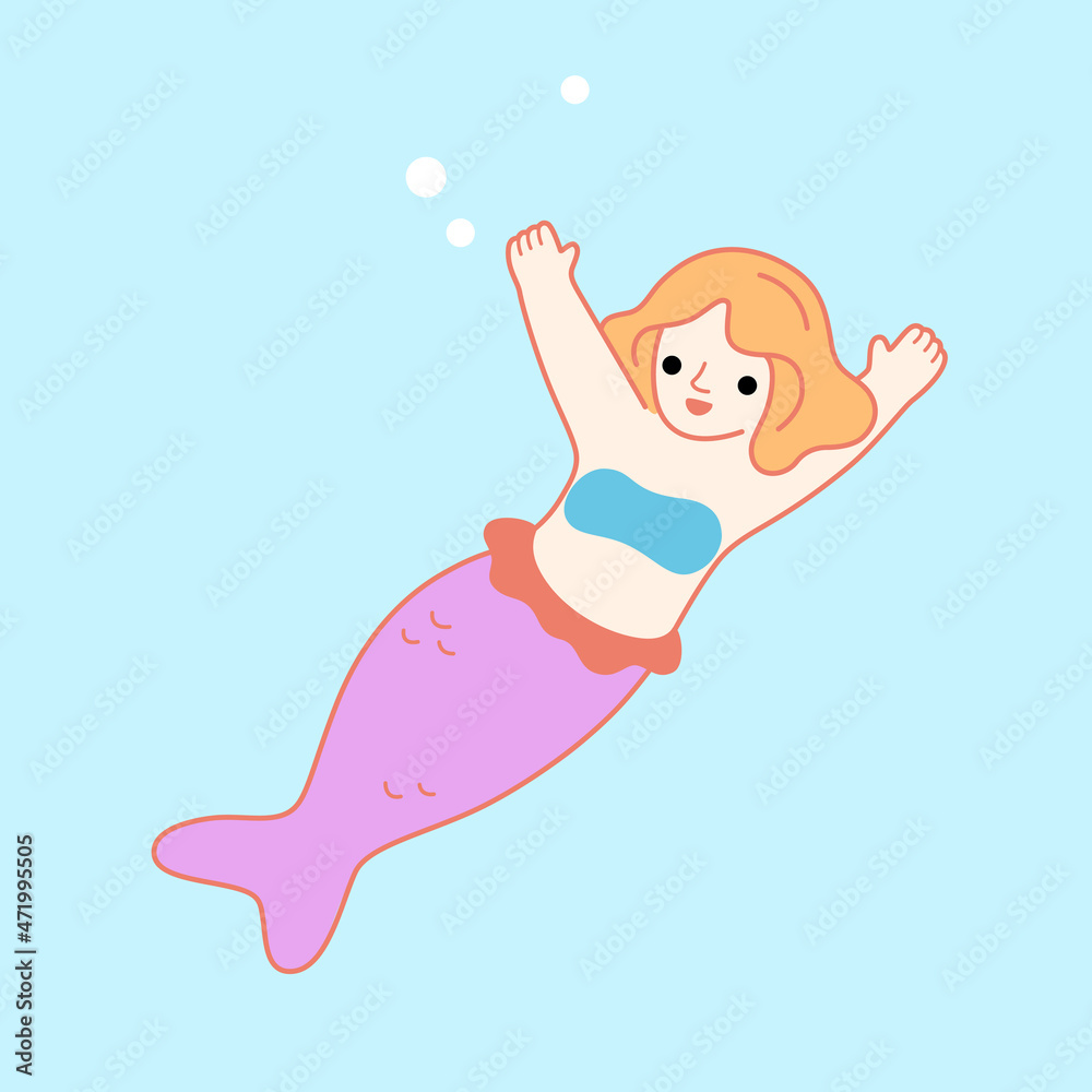 Cute cartoon young mermaid character. Happy mermaid swimming in blue ...