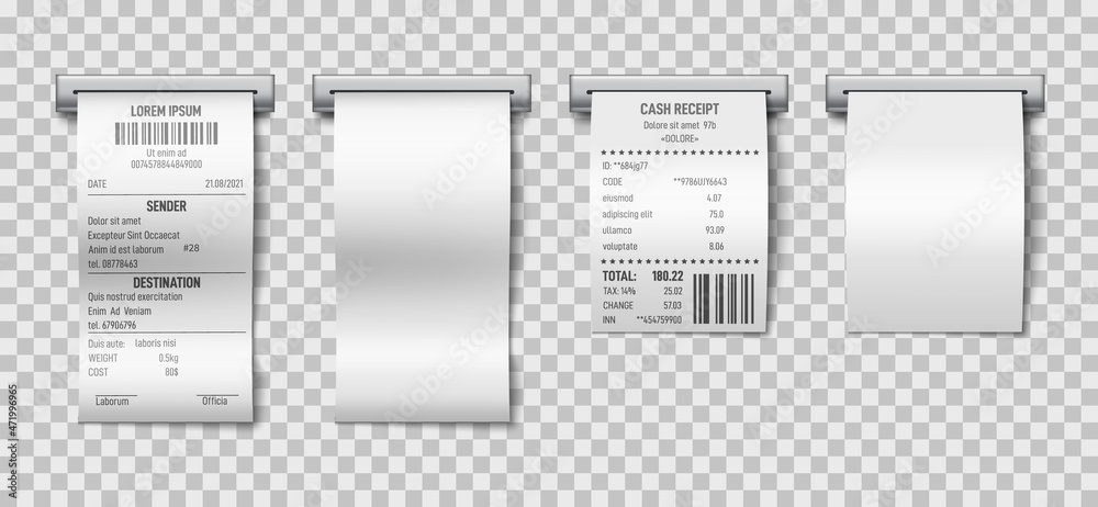 Printed sale receipt. Shopping receipts paper prints, supermarket bills ...