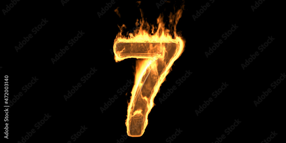 Fire number 7 seven burning flame. Hot fiery burn font glowing on black ...
