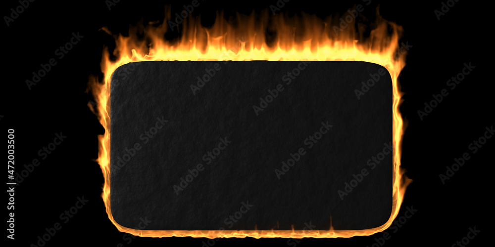 Empty fire frame, burning flame border signboard. Blank sign, black ...