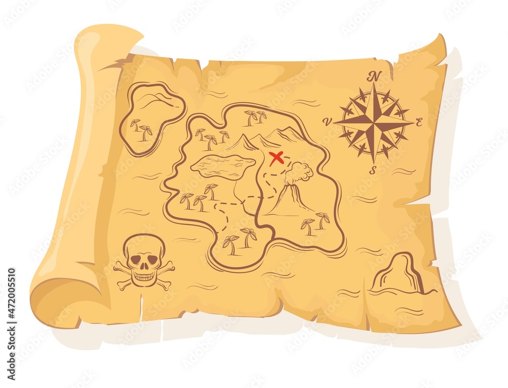Pirate treasure map. Pirates old roll map, papyrus paper scroll ...
