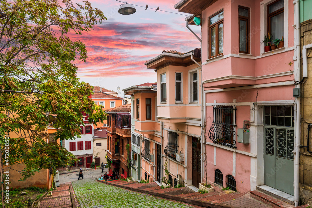 Balat district street view in Istanbul. Balat is popular tourist ...
