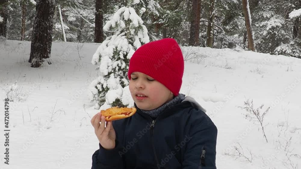 Boy Eating pizza or Hot dog. Street food outdoor winter. boy in snowy ...