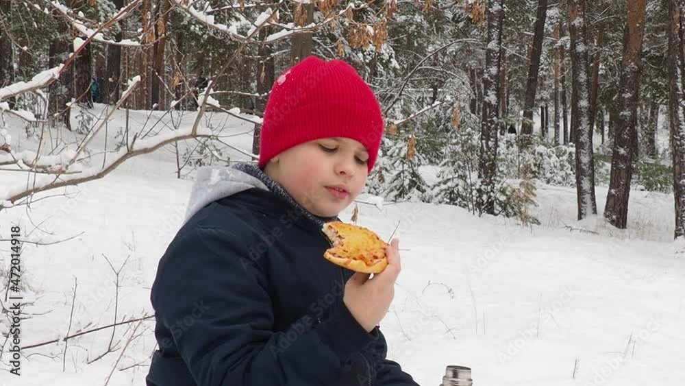 Boy Eating pizza or Hot dog. Street food outdoor winter. boy in snowy ...