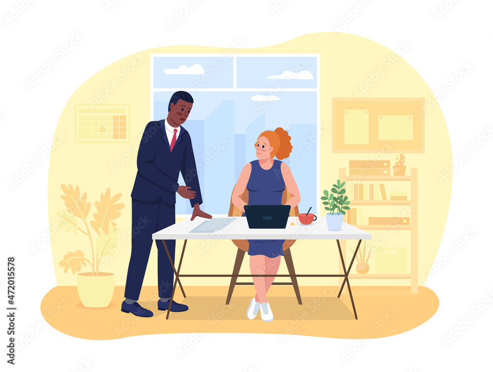 Helpful boss at work 2D vector isolated illustration. Productive and ...