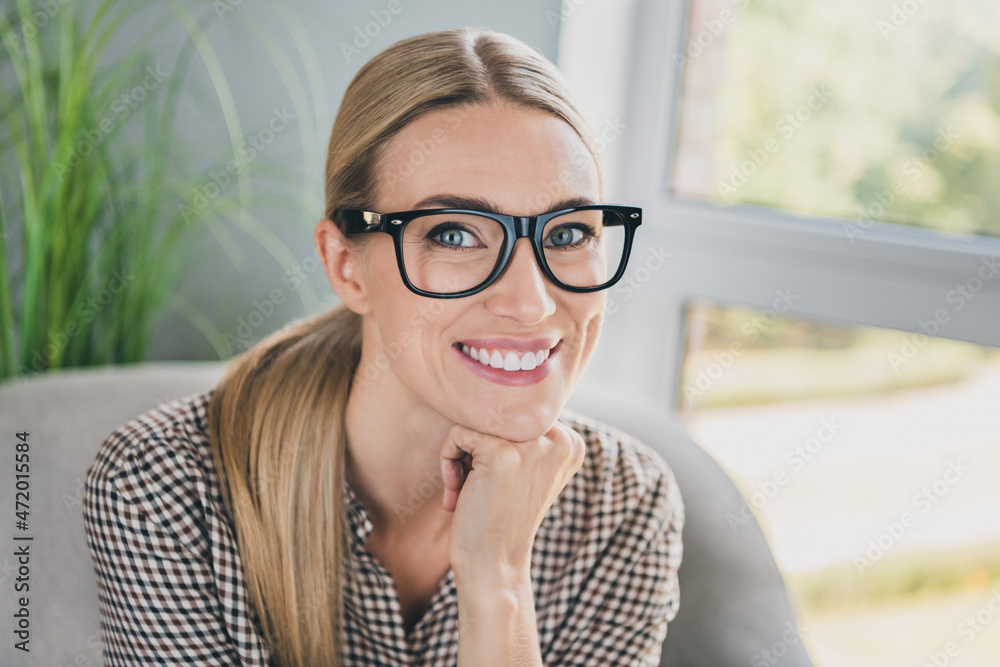Portrait of positive cheerful agent lawyer banker lady touch hand chin ...