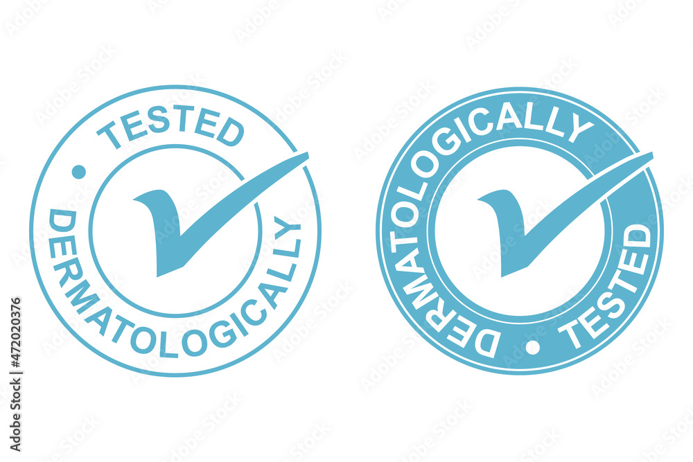 Dermatologically tested icon. Blue icons on a white background. A tick ...