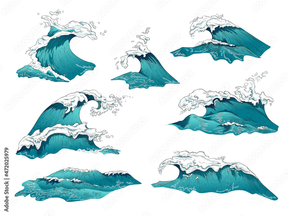 Set Of Sea Or Ocean Waves In Color Sketch Vector Illustration Isolated 
