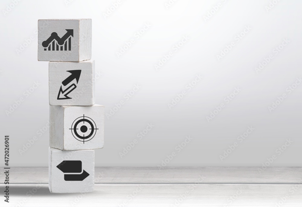 Strategic management concept. Wood cube icon and text. The modern ...