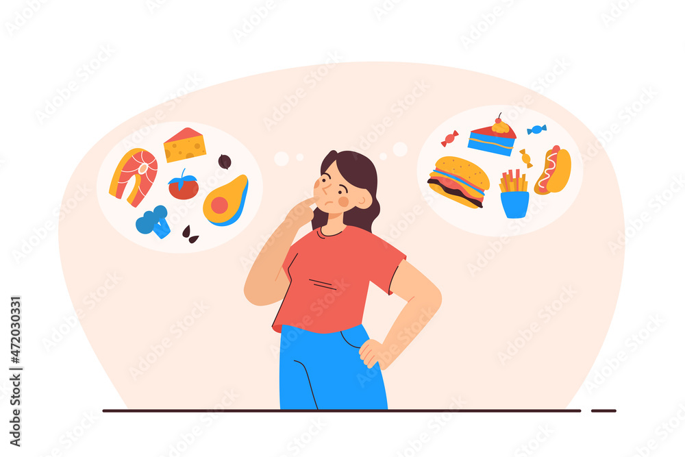 Woman thinkig about food choises. Person deciding what to eat between ...