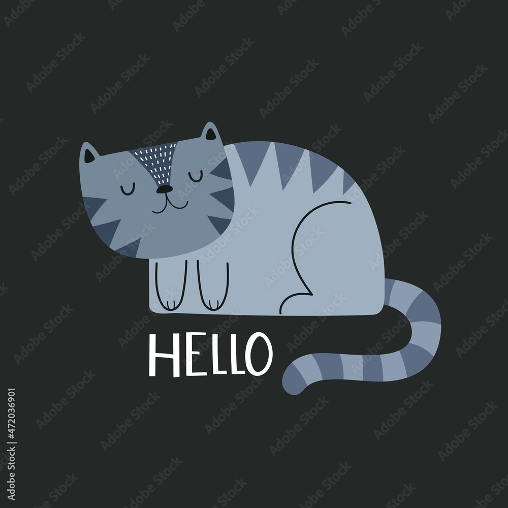 hello. cartoon cat, hand drawing lettering. colorful vector flat style ...
