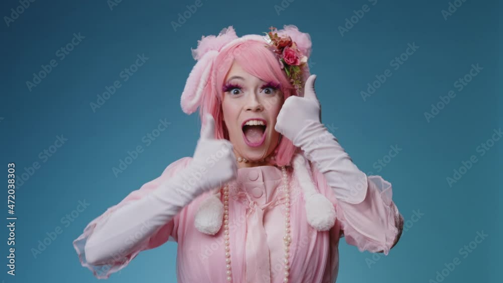 Playful Glamour Young Sexy Candy Girl With Pink Makeup And Fancy Make Emotional Thumbs Up