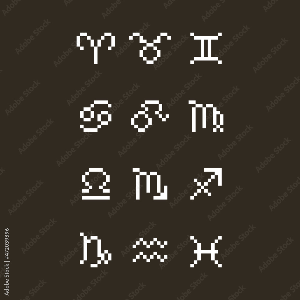 simple flat pixel art illustration of set of black and white zodiac ...