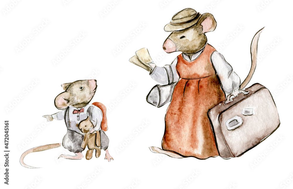 Watercolor travelling mouses clipart set, map, adventure Stock ...