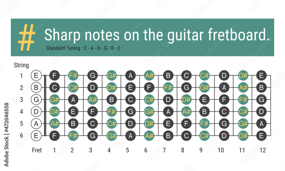 Sharp notes on the guitar fretboard, all the notes on the guitar ...