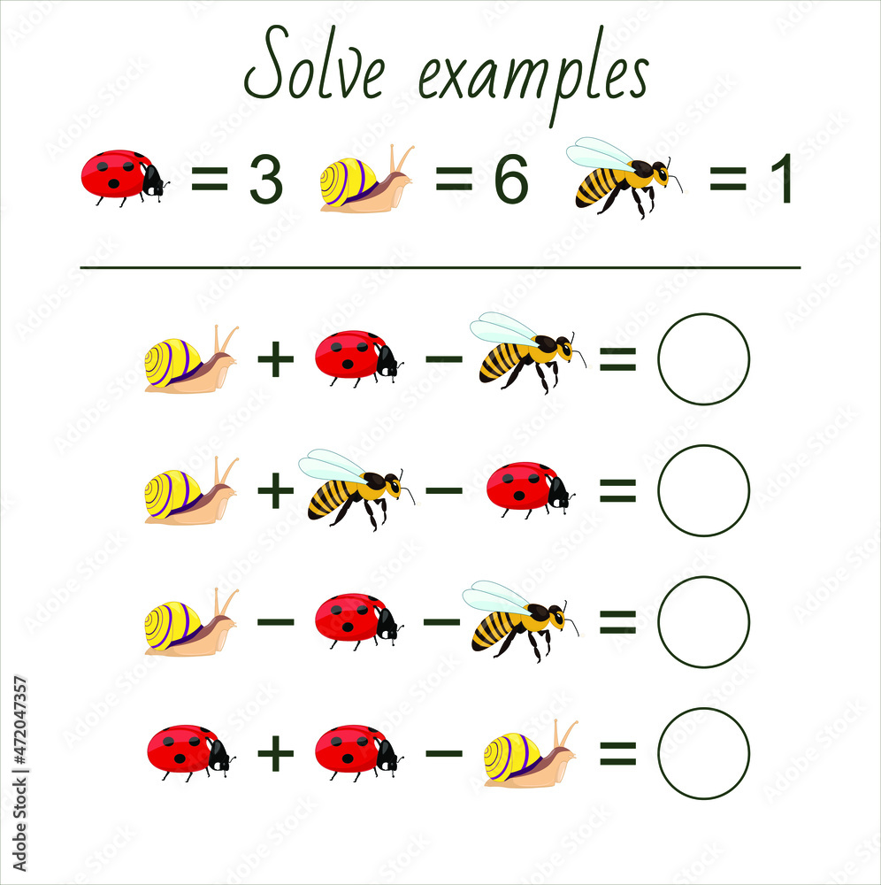 Math puzzle for kids. Math game with bugs for children, easy level ...