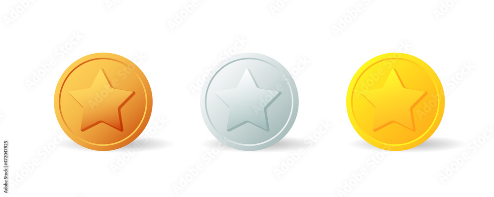 Bronze Silver Gold star coin icon set. Clipart image isolated on white ...