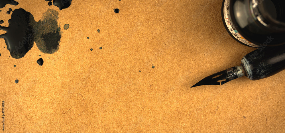 Vintage letter. Old and grunge paper texture with ink pen and ink well ...