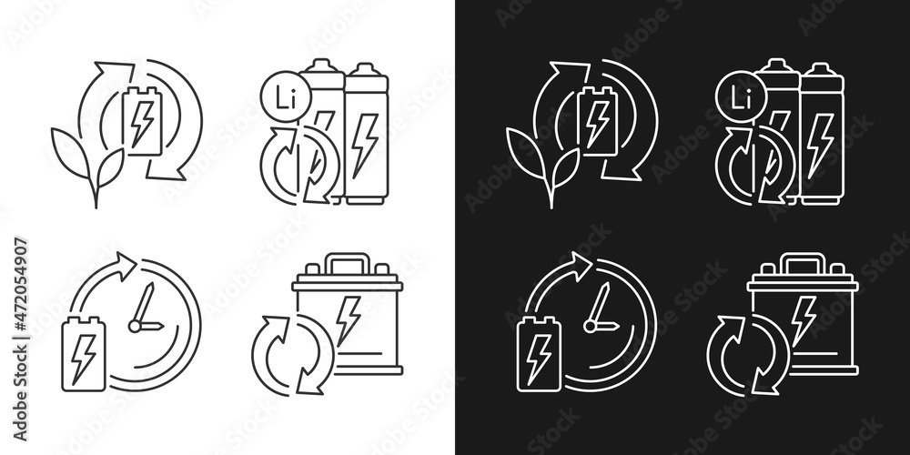 Eco battery disposal linear icons set for dark and light mode ...