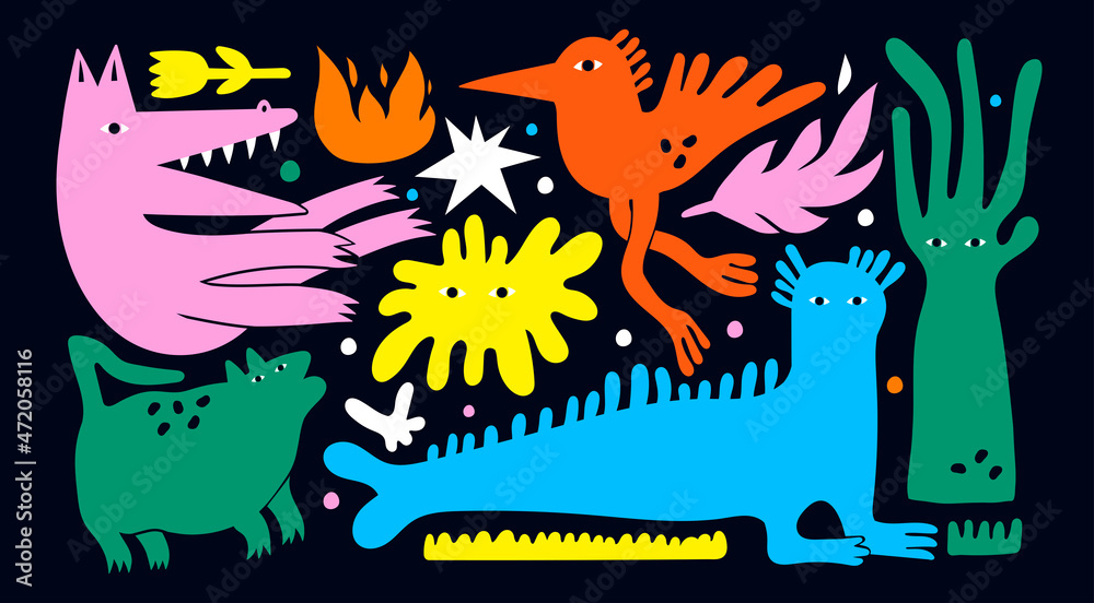 Various strange creatures. Abstract imaginary monsters. Fictional ...