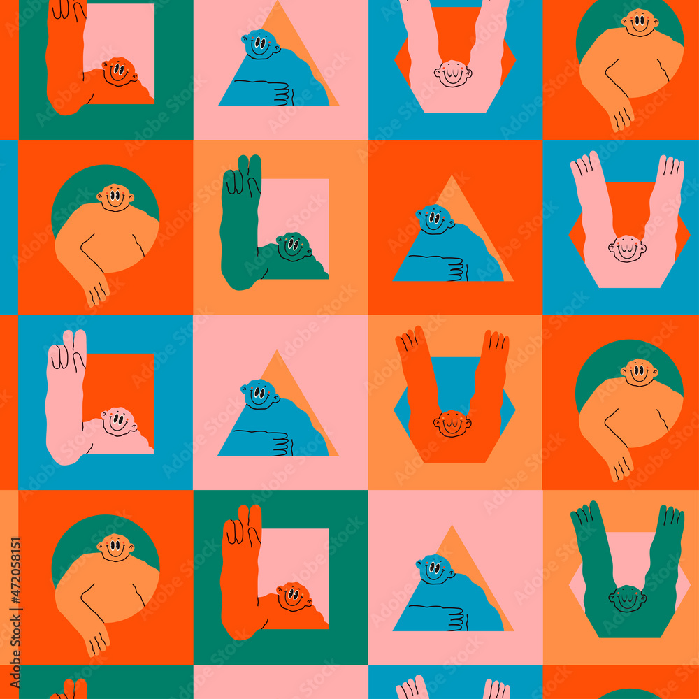 Funny characters peeping from the geometric shapes. Cute abstract ...