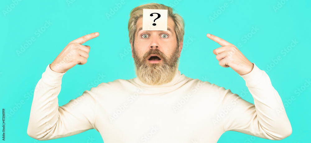 Beard man question mark in head, solution problems. Thinking man with ...