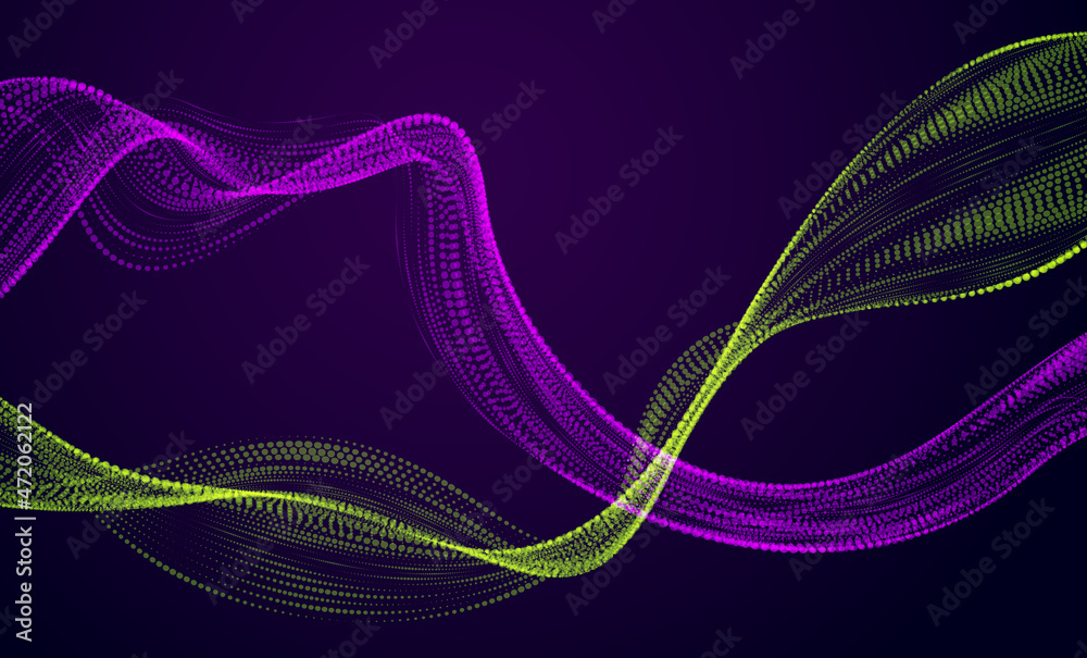 Dynamic particles mutual sound wave flowing over dark. Dotted double curves vector abstract ...