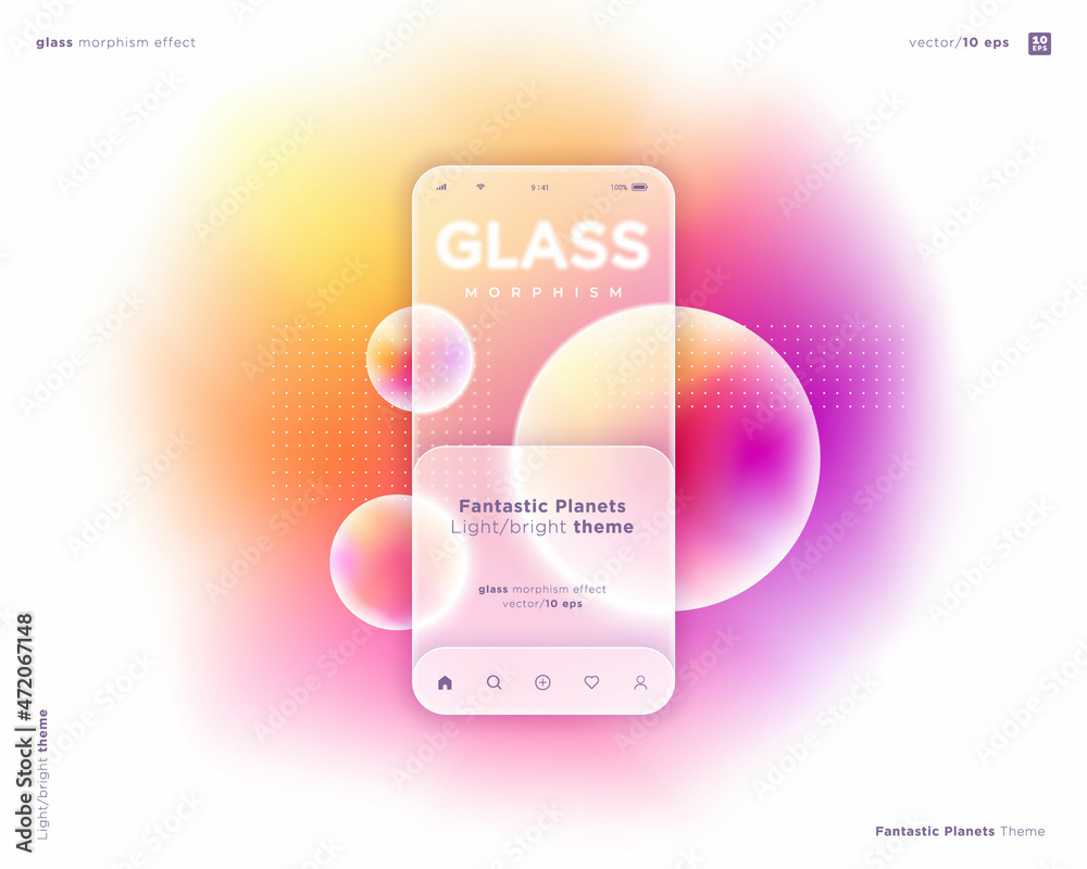 App template in glass morphism style. Screen of smartphone. Translucent ...