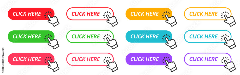 Set of click here vector buttons. Hand pointer clicking cursor ...
