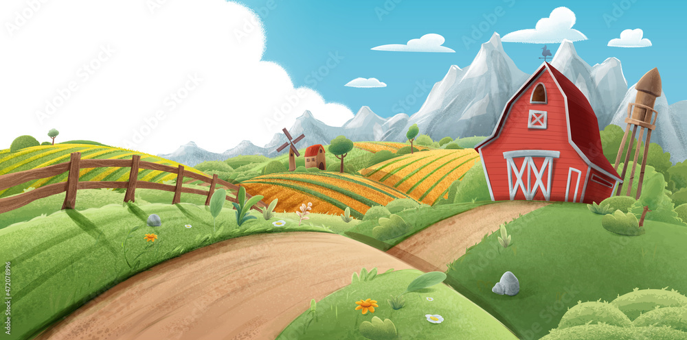 illustrated landscape of a farm for background spring Stock Vector ...