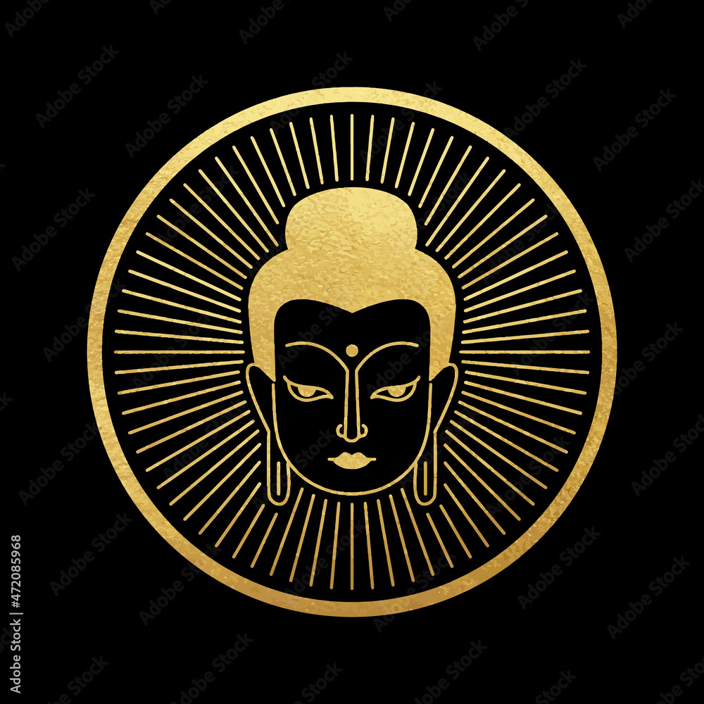 Golden foil buddha face, portrait, head vector illustration. Gold halo ...