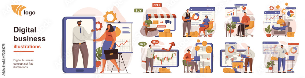 Digital business concept isolated person situations. Collection of ...