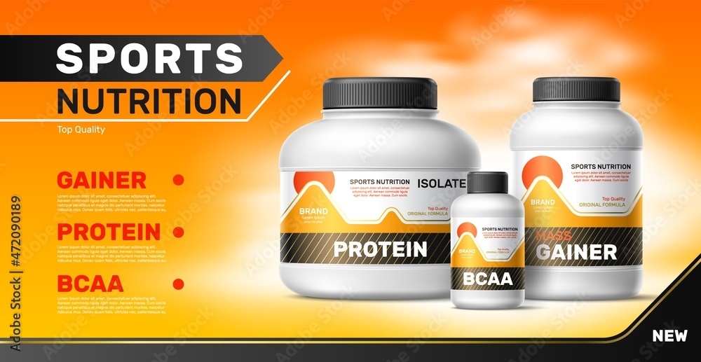 Vetor do Stock: Realistic sports supplements. Plastic containers with ...