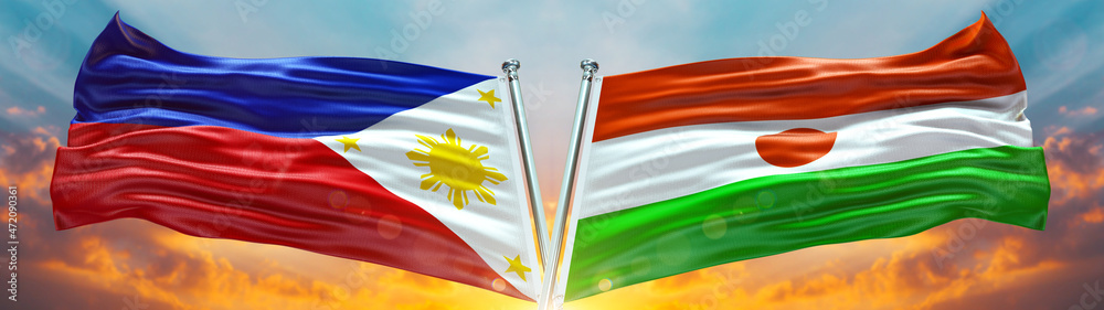 Philippines flag and Niger Flag waving with texture sky Cloud and ...
