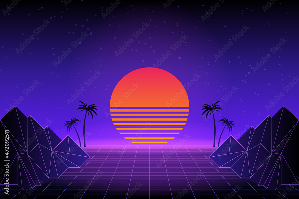Retro futuristic landscape with palm trees. Neon sunset in the style of ...