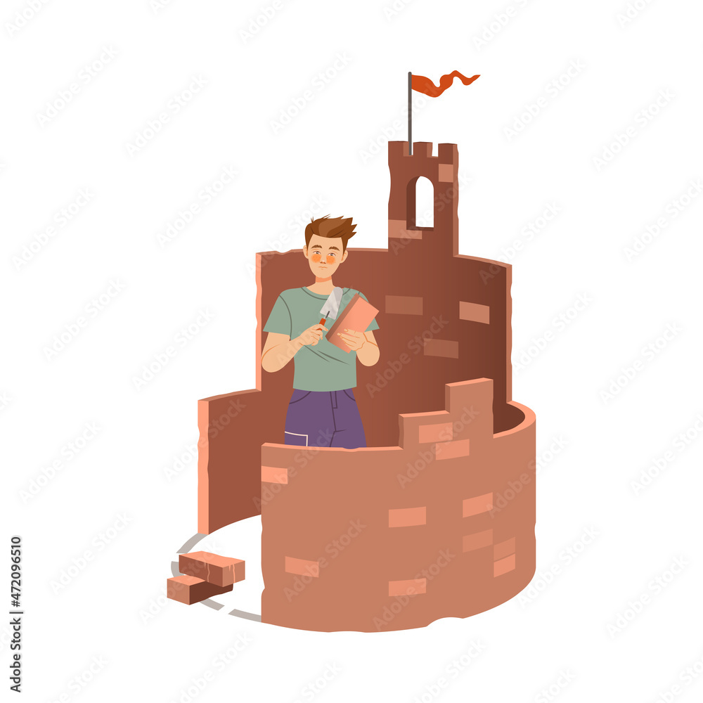 Lonely man building her own brick castle. Social isolation, unsocial ...