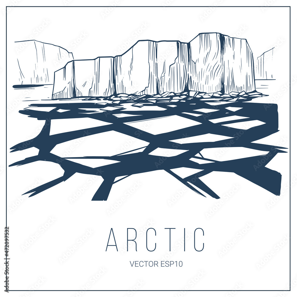 Arctic landscape. Line art illustration. Northern nature with sea, ice ...