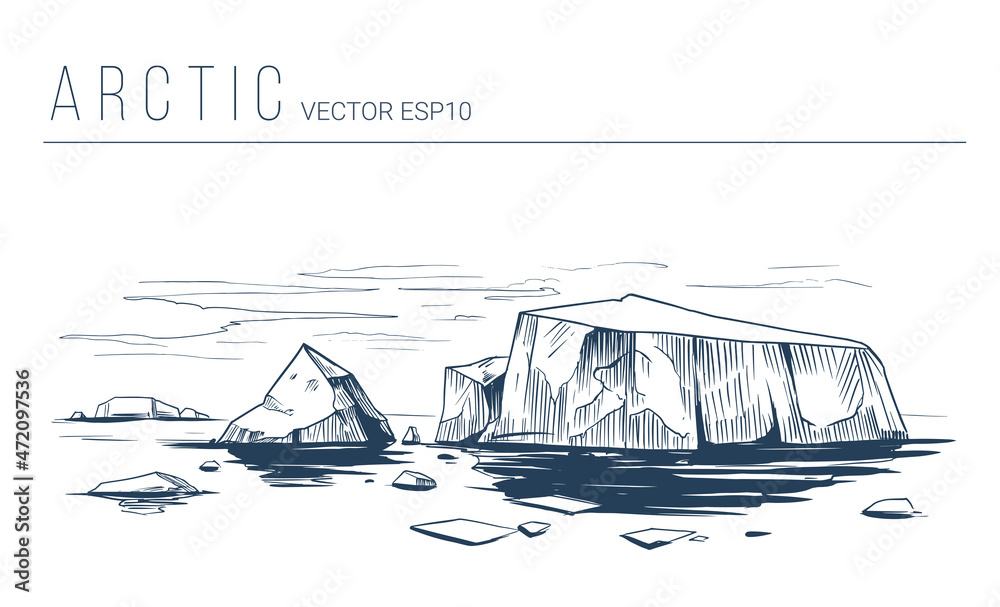 Arctic landscape. Line art illustration. Northern nature with sea, ice ...