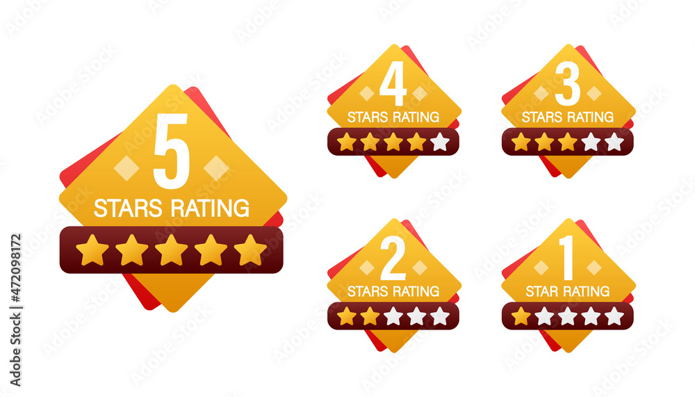 5 star rating. Badge with icons on white background. Vector stock ...