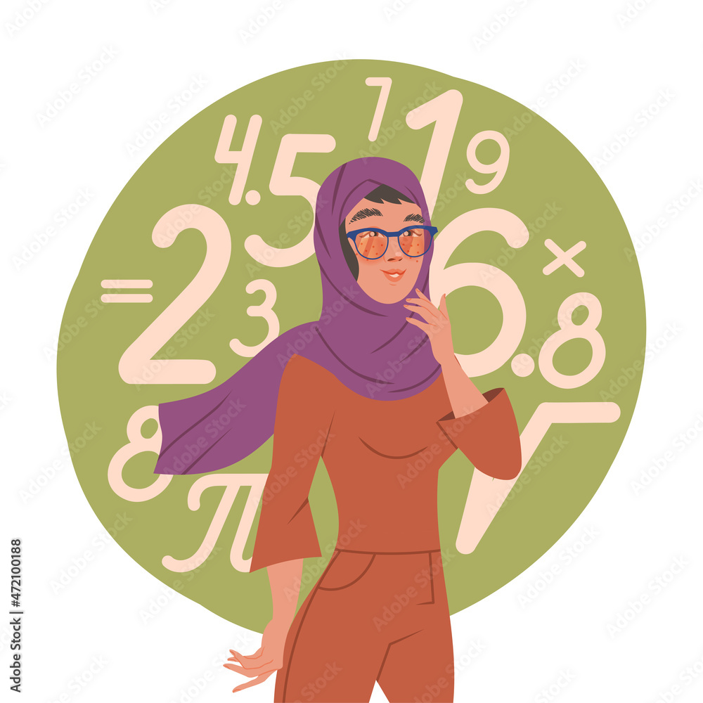 Muslim woman with mathematical type of thinking. Human mental mindset ...