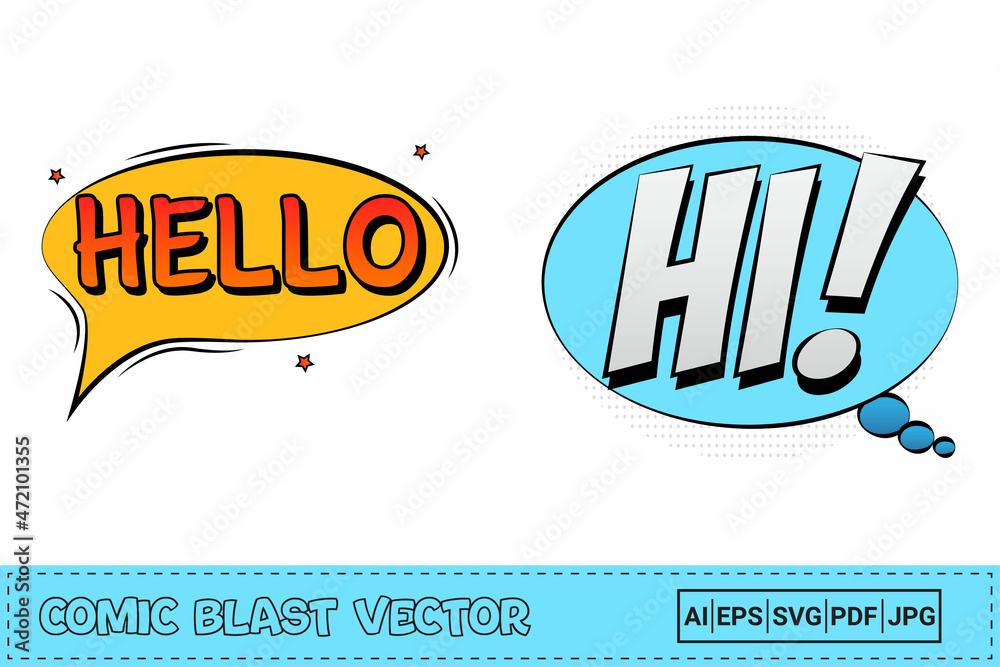 Hello comic pop-up with red and yellow color. Hi comic explosion with ...