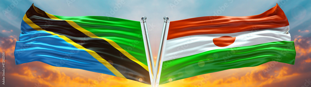 Tanzania flag and Niger Flag waving with texture sky Cloud and sunset ...
