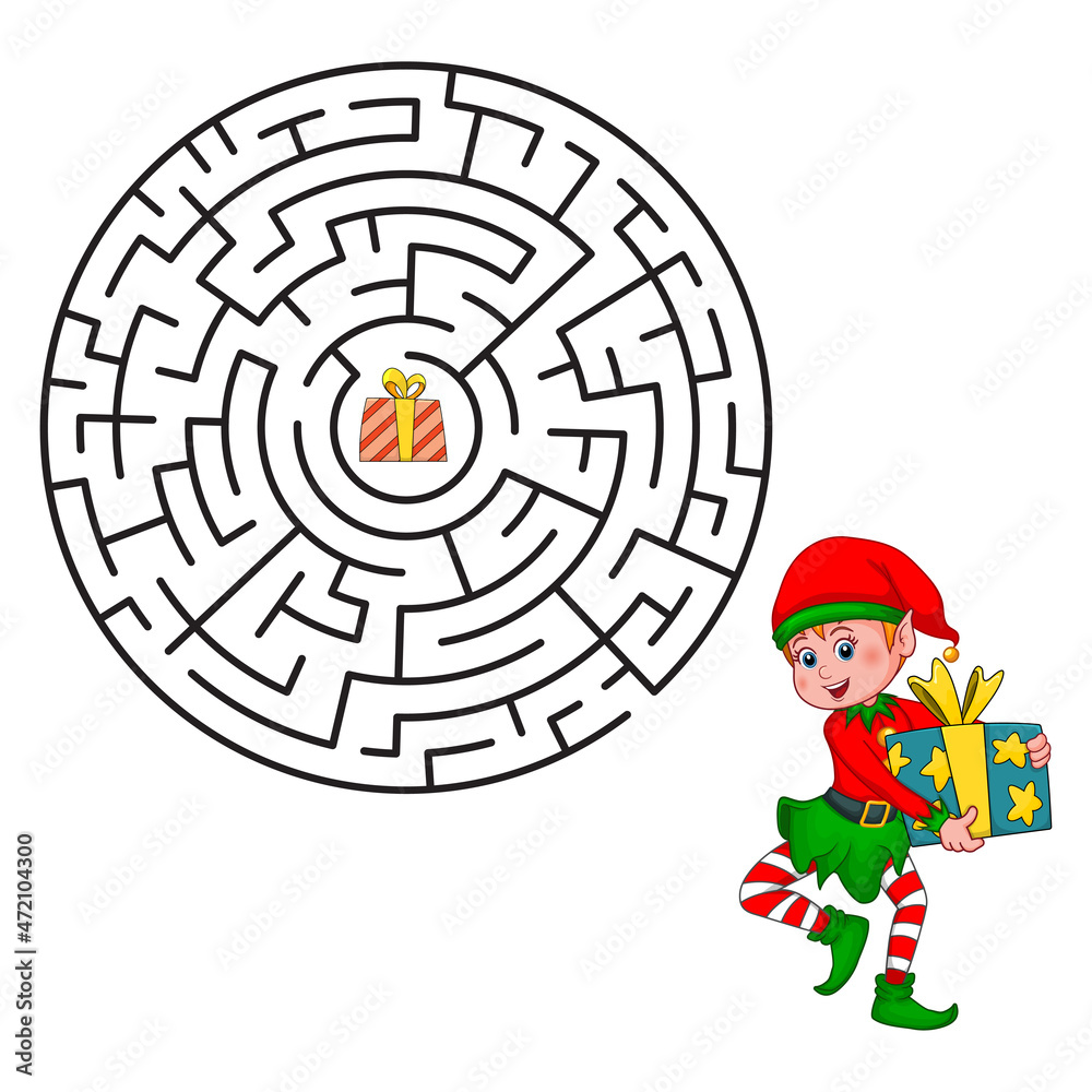 Maze or Labyrinth with Christmas Elf. Find right way to present box ...
