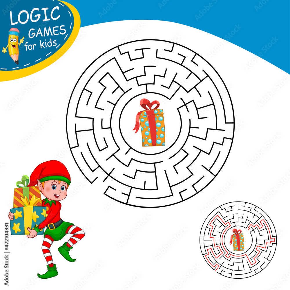 Round Maze. Christmas elf. Labyrinth conundrum with cartoon elf holds ...