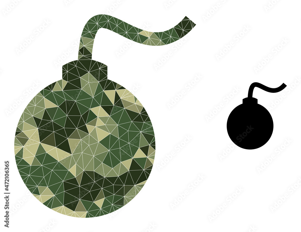 Camouflage low-poly collage bomb icon. Low-poly bomb icon is combined ...