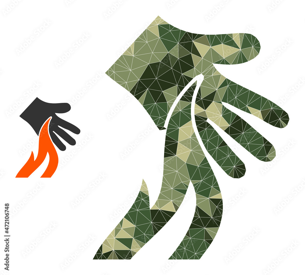 Camouflage triangle collage burn hand icon. Low-poly burn hand icon ...